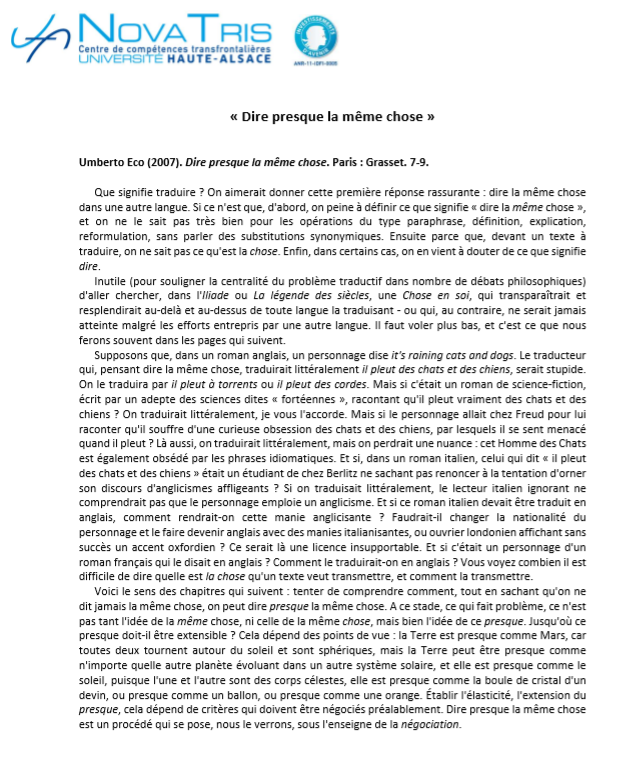 Texte théorique – Umberto Eco: « Dire presque la même chose ...